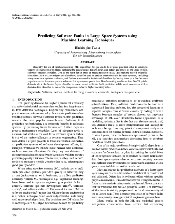 Pdf Predicting Software Faults In Large Space Systems Using Machine Learning Techniques 4721