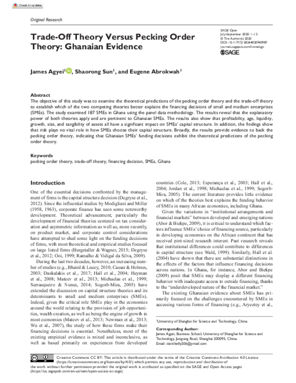 (PDF) Trade-Off Theory Versus Pecking Order Theory: Ghanaian Evidence