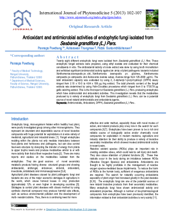 (PDF) Antioxidant and Antimicrobial activities of Endophytic Fungi isolated from Sesbania ...