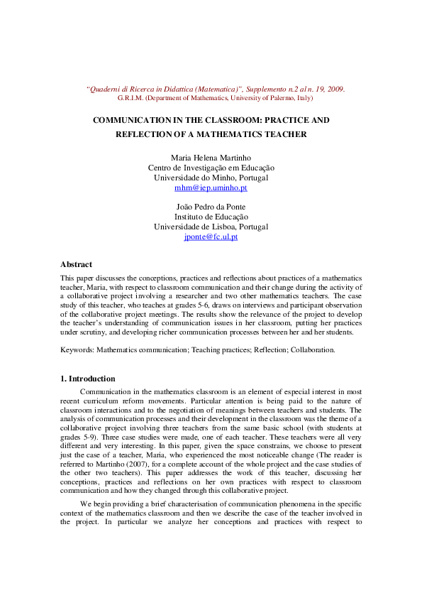 (PDF) Communication in the classroom: Practice and reflection of a mathematics teacher | João Da ...