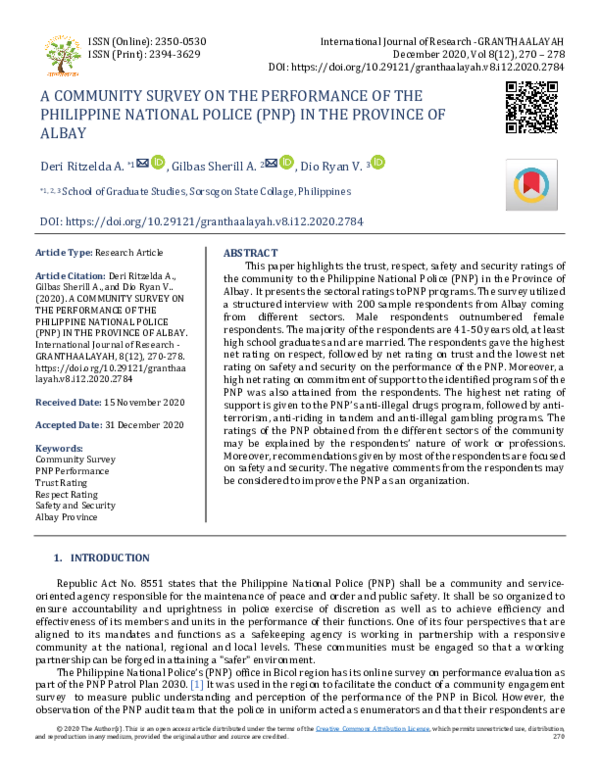 (PDF) A Community Survey on the Performance of the Philippine National ...