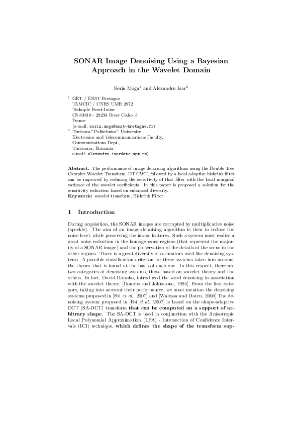 (PDF) SONAR Image Denoising Using a Bayesian Approach in the Wavelet Domain