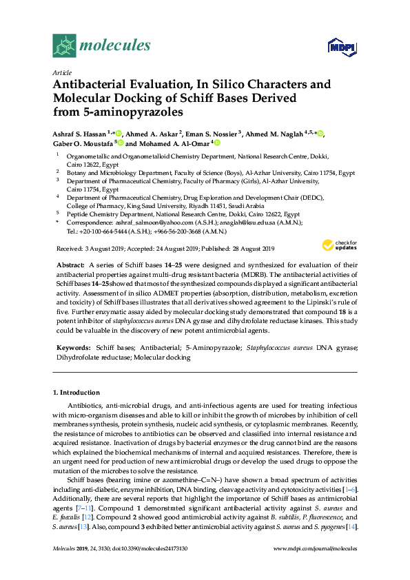 (PDF) Antibacterial Evaluation, In Silico Characters and Molecular Docking of Schiff Bases ...