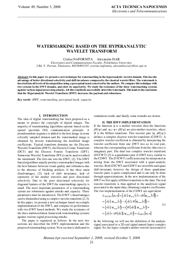 (PDF) Watermarking Based on the Hyperanalytic Wavelet Transform