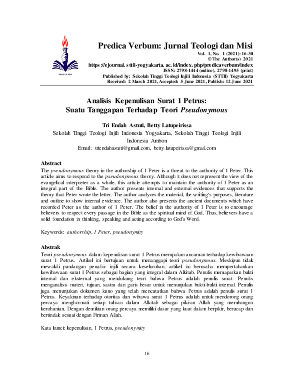 (PDF) Analisis Kepenulisan Surat 1 Petrus: Suatu Tanggapan Terhadap Teori Pseudonymous