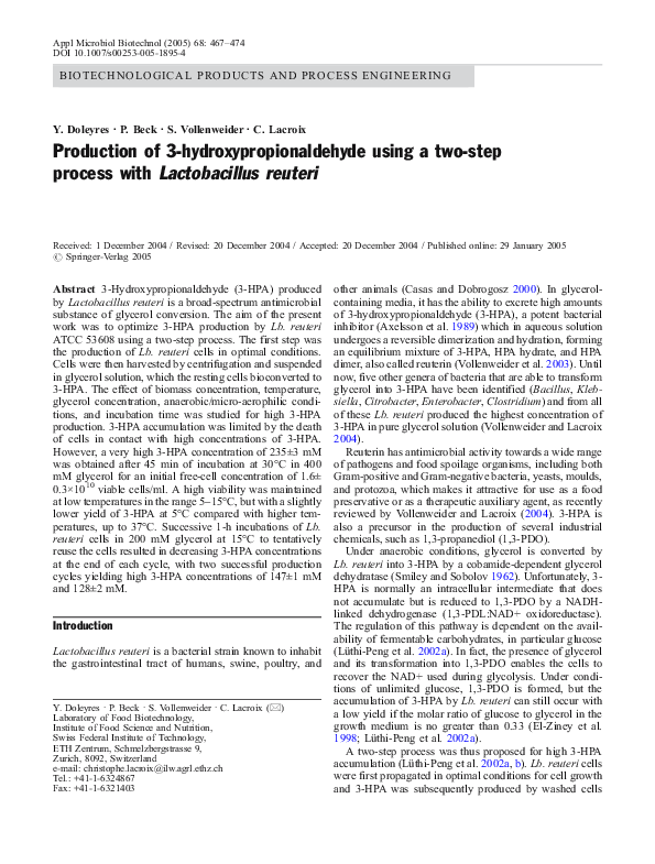 (PDF) Production of 3-hydroxypropionaldehyde using a two-step process ...