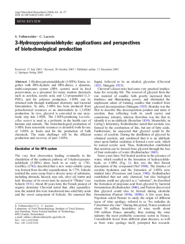 (PDF) 3-Hydroxypropionaldehyde: applications and perspectives of ...