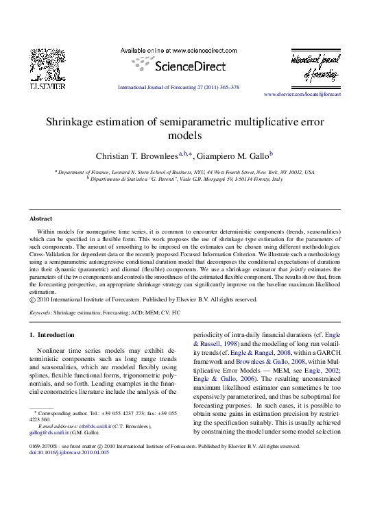 Pdf Shrinkage Estimation Of Semiparametric Multiplicative Error Models