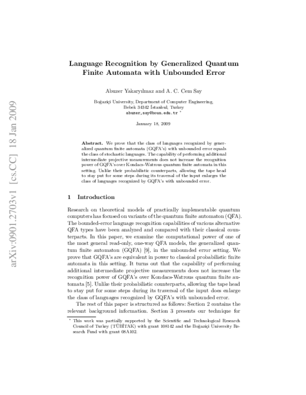 (PDF) Language recognition by generalized quantum finite automata with unbounded error (abstract ...