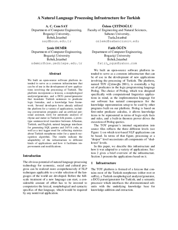 (PDF) A natural language processing infrastructure for Turkish | Cem Say - Academia.edu