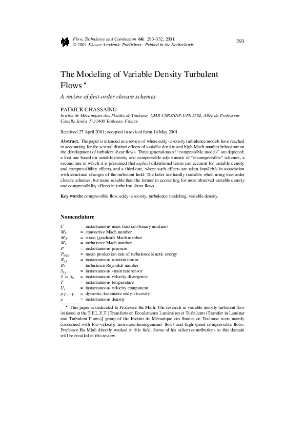 (PDF) The Modeling of Variable Density Turbulent Flows. A review of first-order closure schemes