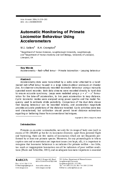 (PDF) Automatic Monitoring of Primate Locomotor Behaviour Using Accelerometers