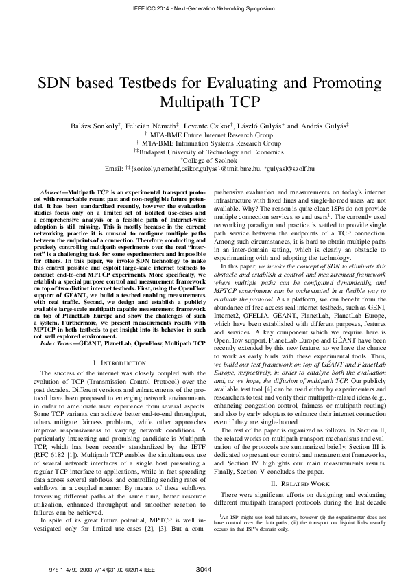 Pdf Sdn Based Testbeds For Evaluating And Promoting Multipath Tcp
