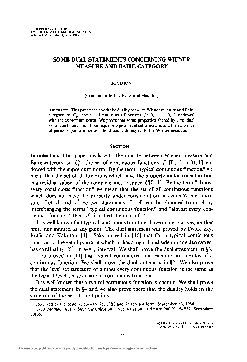 (PDF) Some dual statements concerning Wiener measure and Baire category