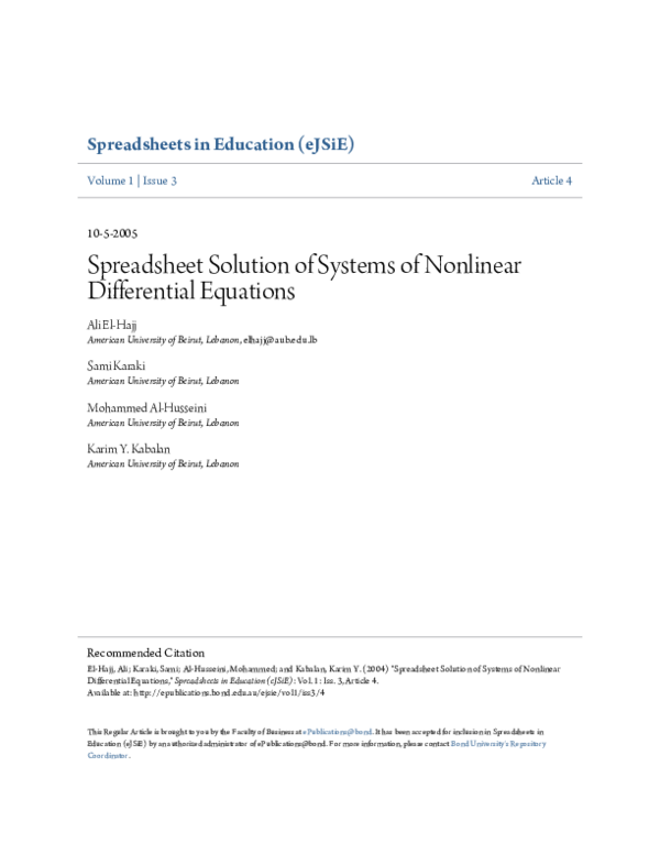 (PDF) Spreadsheet solution of systems of nonlinear differential Equations