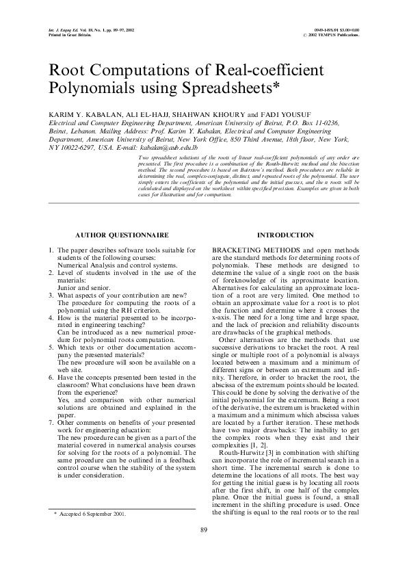 (PDF) Root computations of real-coefficient polynomials using spreadsheets