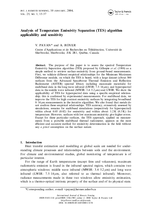 Pdf Analysis Of Temperature Emissivity Separation Tes Algorithm