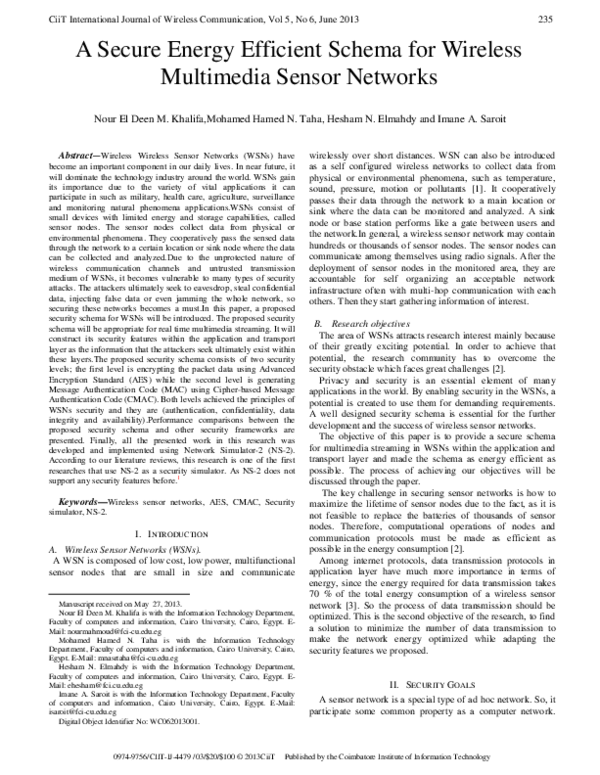 (PDF) A Secure Energy Efficient Schema for Wireless Multimedia Sensor Networks