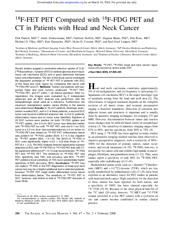 (PDF) 18F-FET PET compared with 18F-FDG PET and CT in patients with head and neck cancer