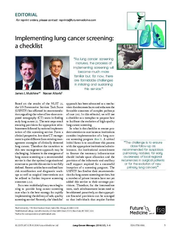 (PDF) Implementing lung cancer screening: a checklist | James Mulshine ...