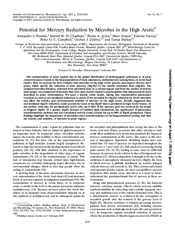 (PDF) Potential for Mercury Reduction by Microbes in the High Arctic
