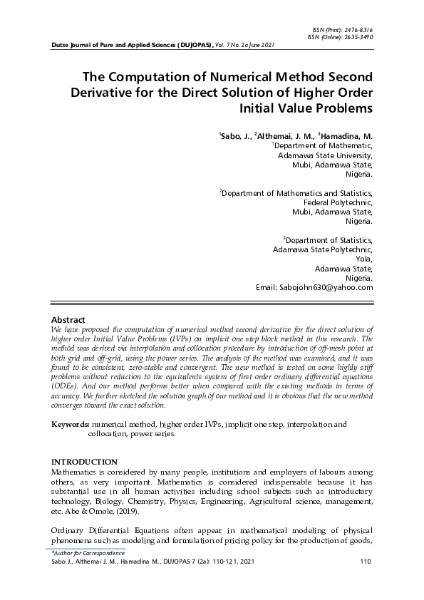 Pdf The Computation Of Numerical Method Second Derivative For The Direct Solution Of Higher