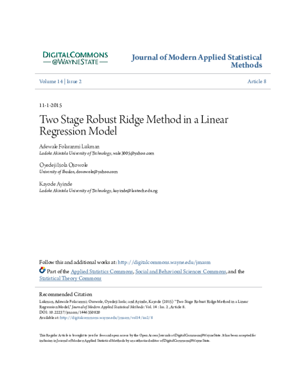(PDF) Two Stage Robust Ridge Method in a Linear Regression Model