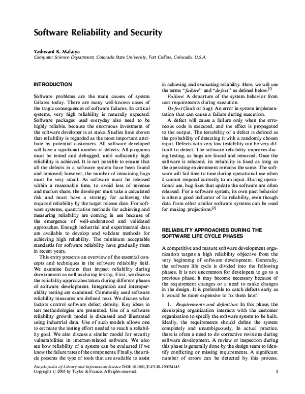 (PDF) Software Reliability and Security