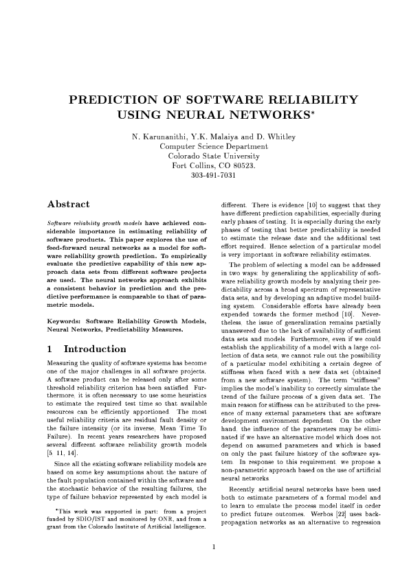 Pdf Prediction Of Software Reliability Using Neural Networks