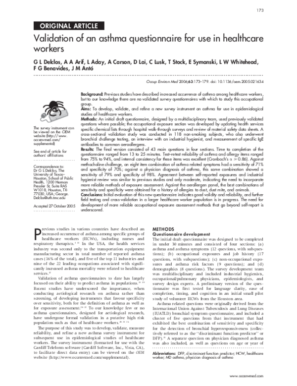 (PDF) Validation of an asthma questionnaire for use in healthcare workers