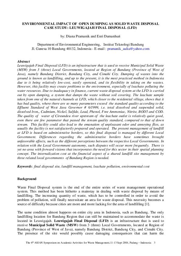 (PDF) ENVIRONMENTAL IMPACT OF OPEN DUMPING AS SOLID WASTE DISPOSAL CASE ...
