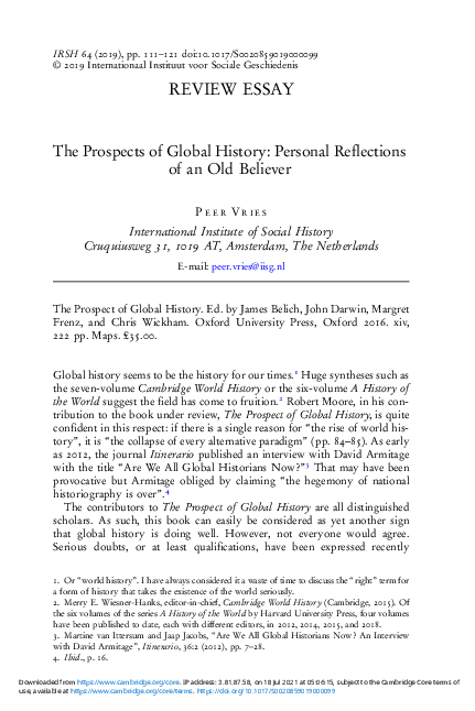 (PDF) The Prospects of Global History: Personal Reflections of an Old ...