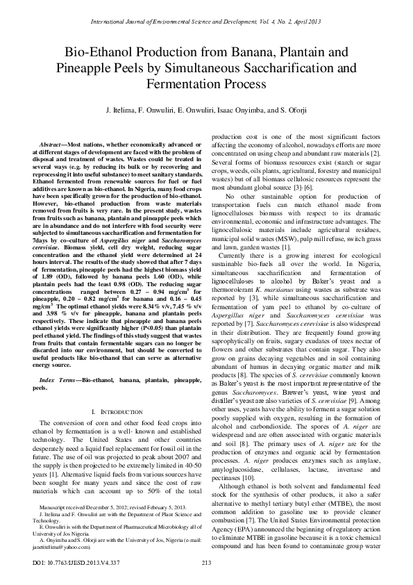 (PDF) Bio-Ethanol Production from Banana, Plantain and Pineapple Peels by Simultaneous ...