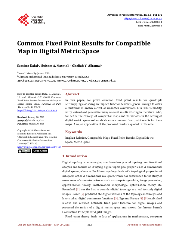 (PDF) Common Fixed Point Results for Compatible Map in Digital Metric Space
