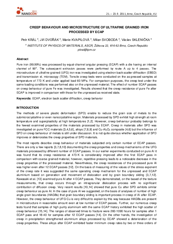 (PDF) Creep Behaviour and Microstructure of Ultrafine Grained Iron Processed by Ecap | V ...