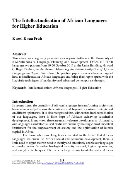 (PDF) The Intellectualisation of African Languages for Higher Education