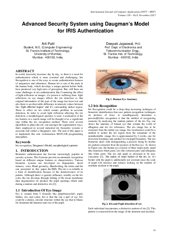 (PDF) Advanced Security System using Daugman’s Model for IRIS Authentication