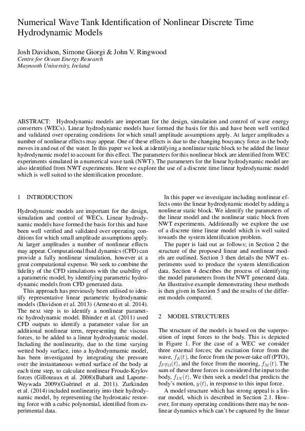 (PDF) Numerical wave tank identification of nonlinear discrete time hydrodynamic models