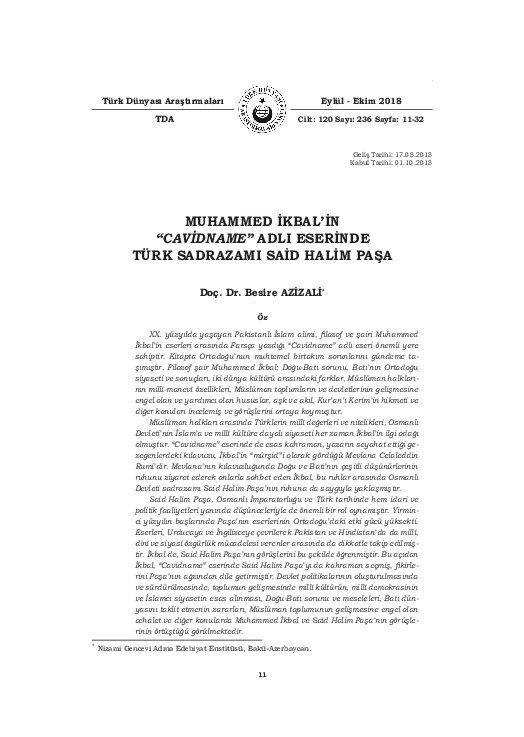 (PDF) MUHAMMED İKBAL’İN “CAVİDNAME” ADLI ESERİNDE TÜRK SADRAZAMI SAİD ...