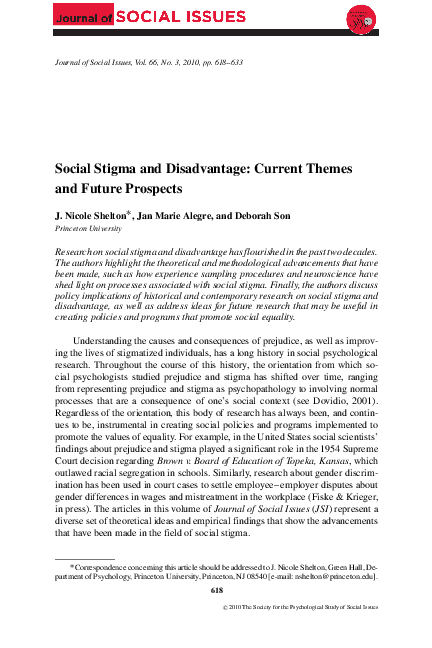 (PDF) Social Stigma and Disadvantage: Current Themes and Future Prospects