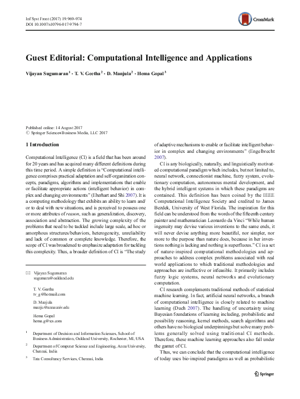 Pdf Guest Editorial Computational Intelligence And Applications 