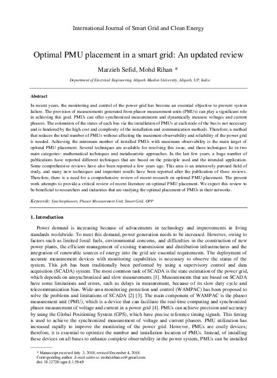 (PDF) Optimal PMU placement in a smart grid: An updated review