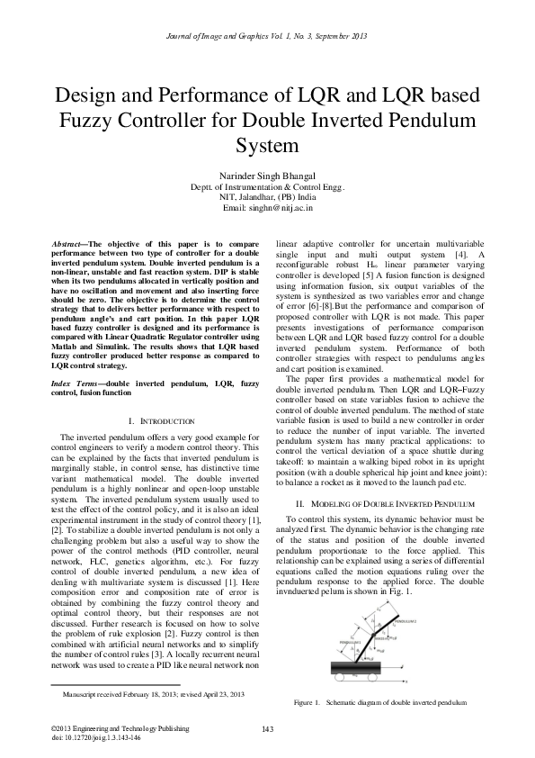 Pdf Design And Performance Of Lqr And Lqr Based Fuzzy Controller For Double Inverted Pendulum