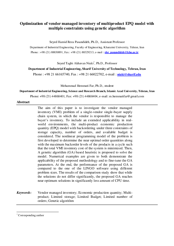Pdf Optimization Of Vendor Managed Inventory Of Multiproduct Epq Model With Multiple