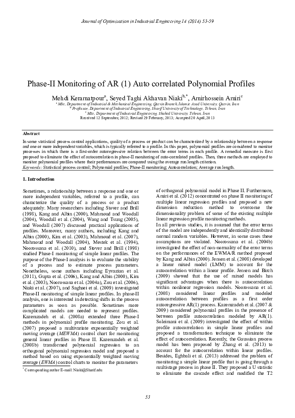 (PDF) Phase-II Monitoring of AR (1) Auto correlated Polynomial Profiles (PDF) Phase-II Monitoring of AR (1) Auto correlated Polynomial Profiles