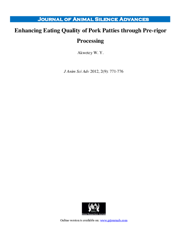(PDF) Enhancing Eating Quality of Pork Patties through Pre-rigor Processing