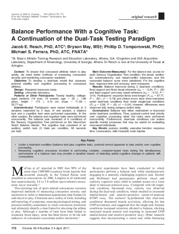 (PDF) Balance Performance With a Cognitive Task: A Continuation of the ...
