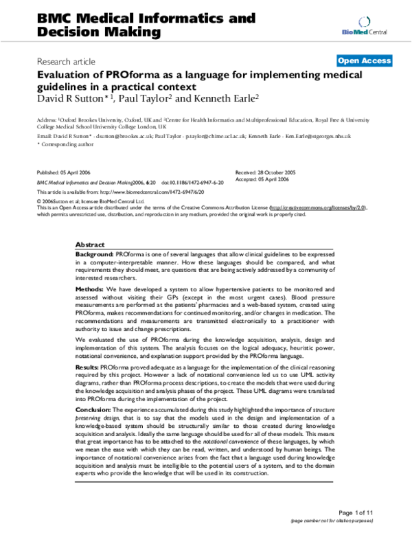 (PDF) Evaluation of PROforma as a language for implementing medical ...