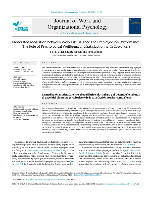 (PDF) Moderated Mediation between Work Life Balance and Employee Job Performance: The Role of ...