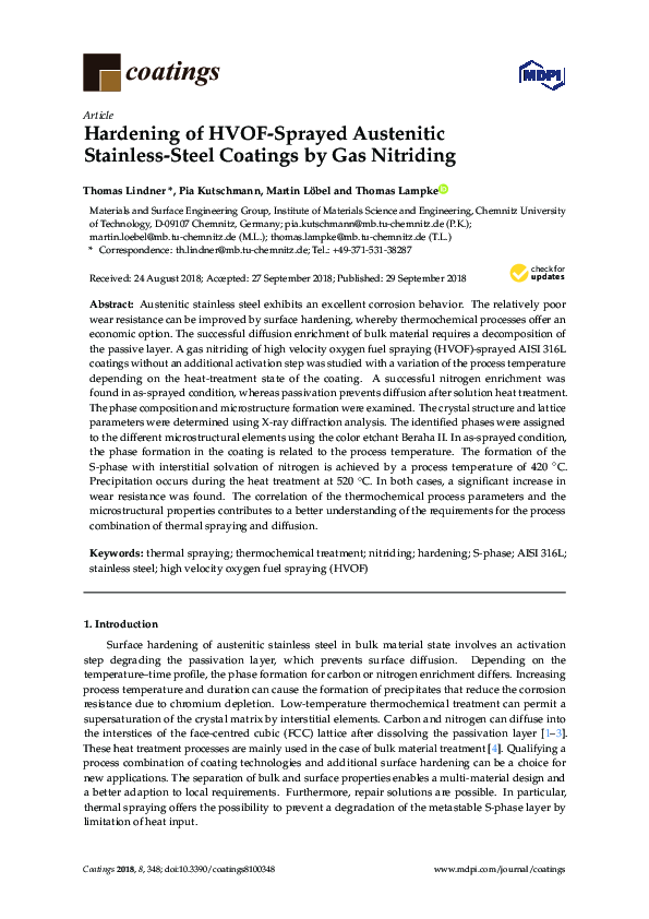 (PDF) Hardening of HVOF-Sprayed Austenitic Stainless-Steel Coatings by ...